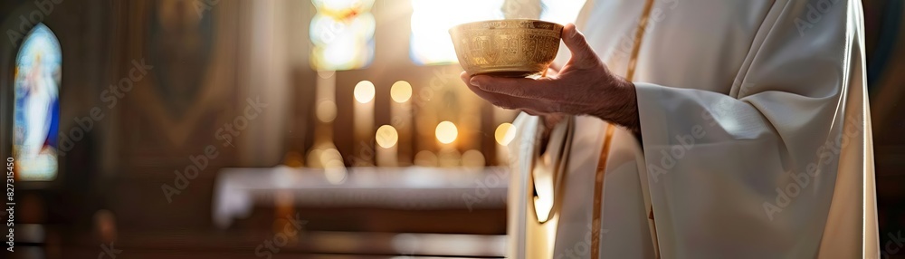 Christian Communion Focus on a priest giving communion with a church ...