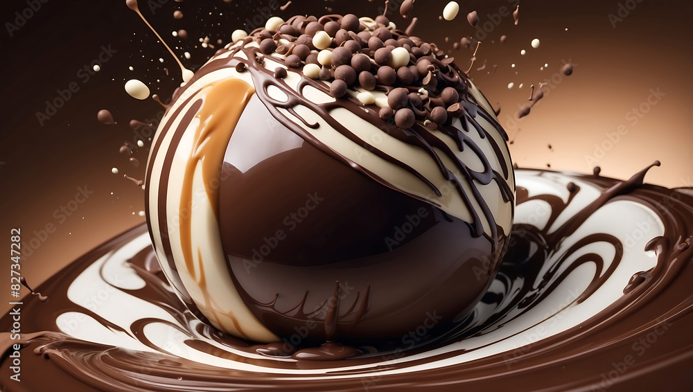 Small balls of white, dark, and milk chocolate float around the sphere ...