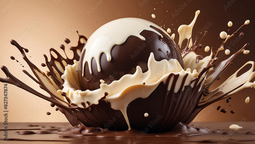 Small balls of white, dark, and milk chocolate float around the sphere ...