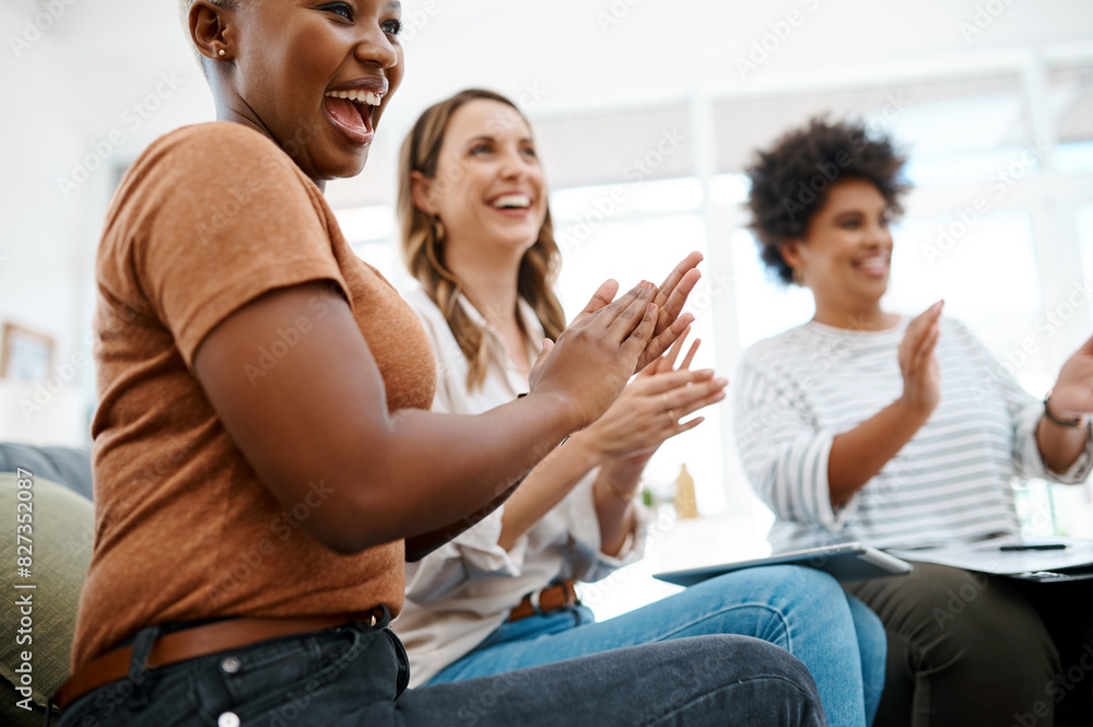 Office, success and business people with applause in meeting for ...
