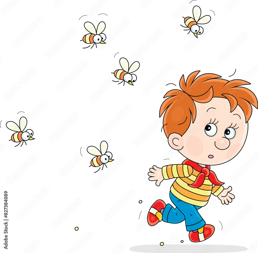 Funny little boy in fear quickly running away from angry buzzing bees ...