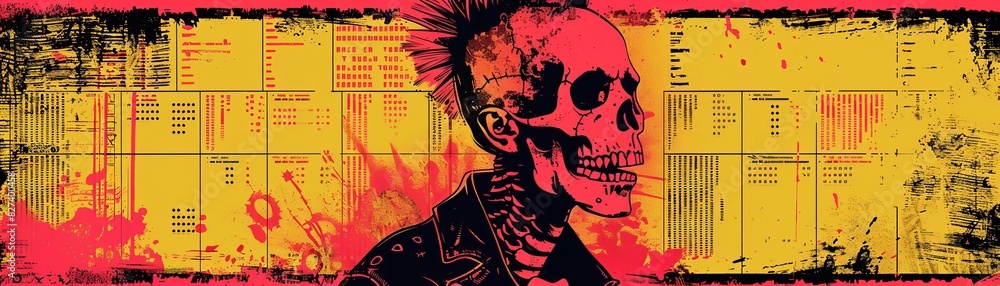 A vintage punk poster featuring a skeleton with a mohawk, surrounded by ...