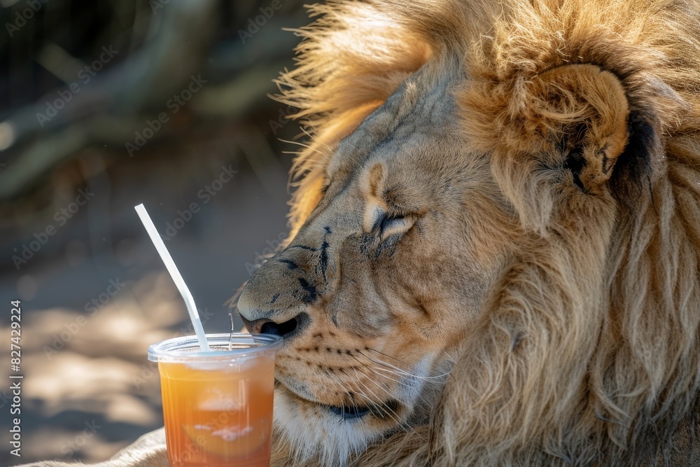 A majestic lion's profile captured in close proximity to a cup of ...