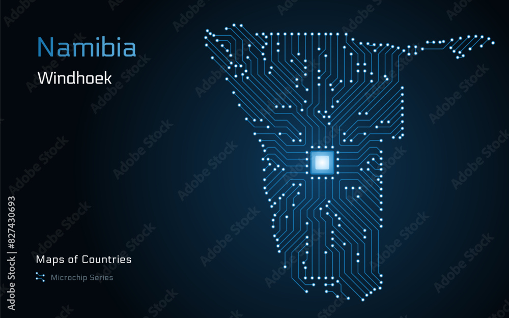 Namibia Map with a capital of Windhoek Shown in a Microchip Pattern. E ...