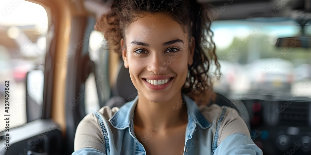 Woman smiles proudly as she poses with her new vehicle. Concept Car ...