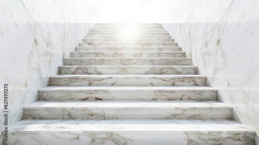 Elegant marble staircase with rising steps, light shining down from ...