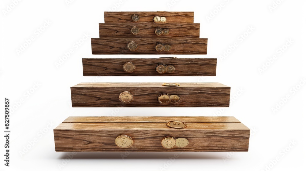 Wooden stairs with ascending steps, each step featuring gold coins ...
