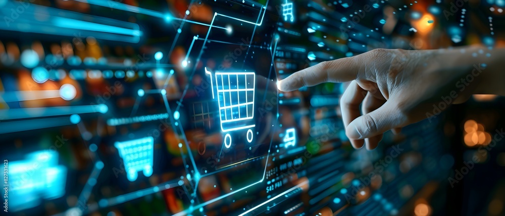 Hand touching digital shopping cart icon on virtual screen, depicting ...