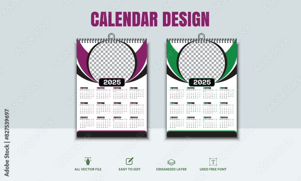 Editable 2025 calendar template with stylish color accents and forest ...