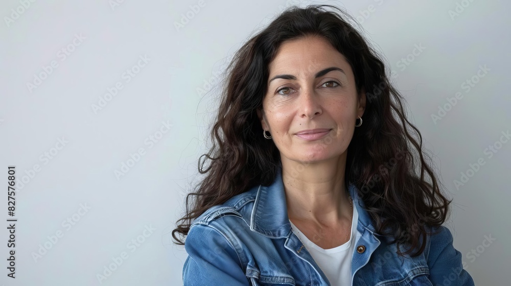 saudi arabian woman in her 40s wearing denim jacket white background ...