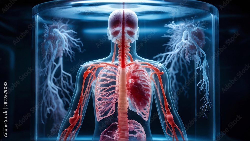 Illustration of the internal anatomy of the upper human body, with ...