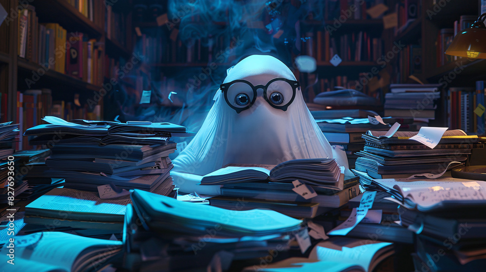 Ghostly studying in the library. This cute ghost is swamped with studying, surrounded by stacks ...