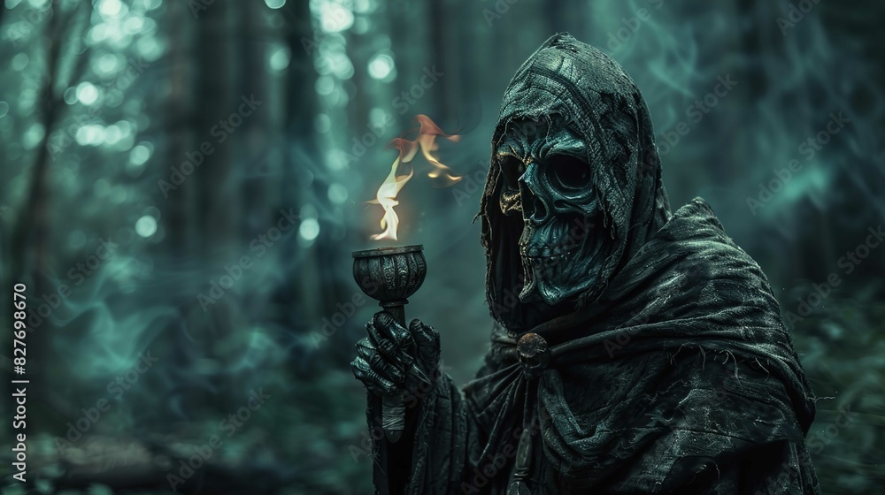 The subject of the image is a figure clad in tattered dark robes with a ...