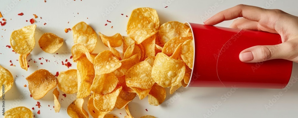 Potato chips with a red tube, female hand reaching for chips, crispy ...