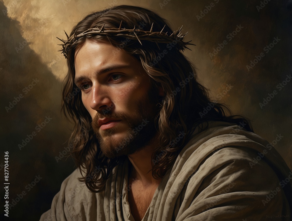Dramatic portrait of a serious Jesus Christ with Crown of Thorns and ...