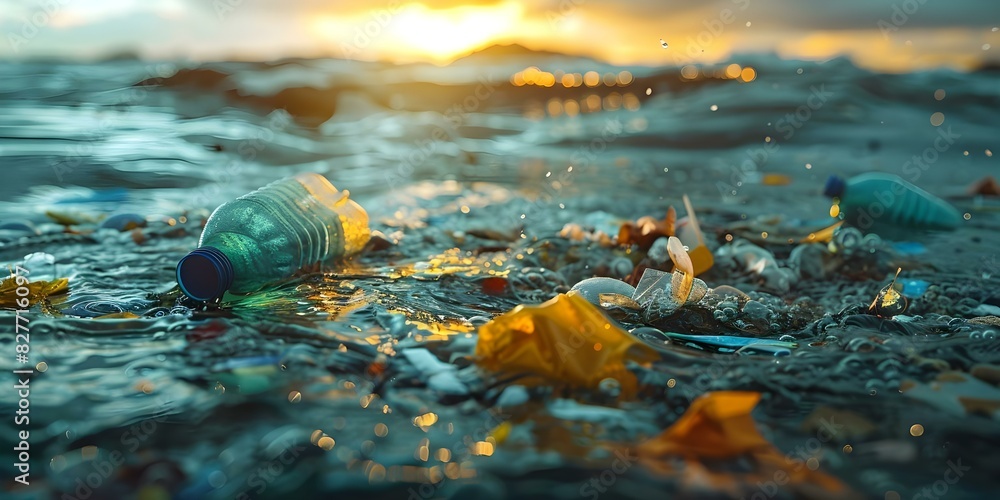 Litter floating in glowing ocean water as a result of plastic pollution ...