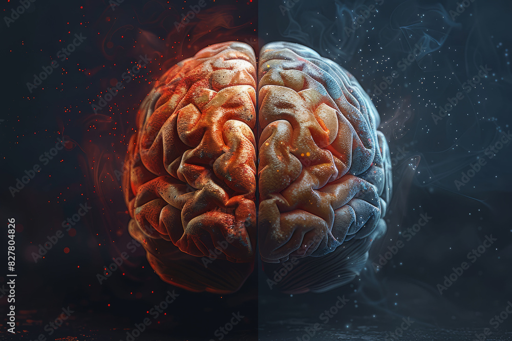 A human brain depicted in two halves, one aflame and the other shrouded ...