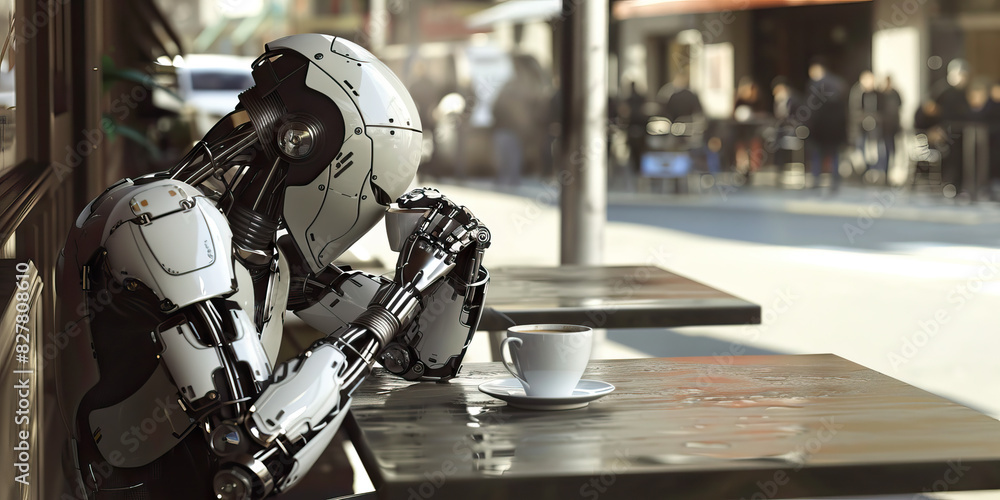 A cyborg, their metallic limbs gleaming in the light, casually sips ...