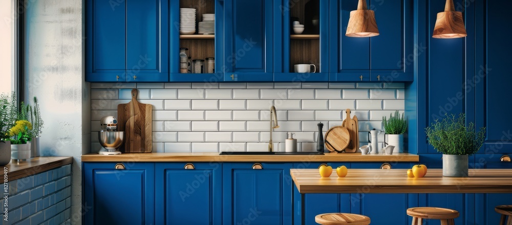 Blue kitchen interior with cobalt blue cabinetry, butcher block ...