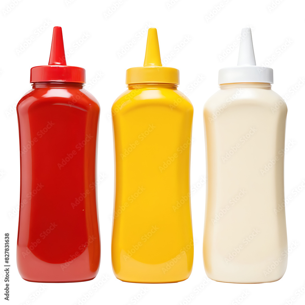 Three classic condiment squeeze bottles filled with ketchup (red ...