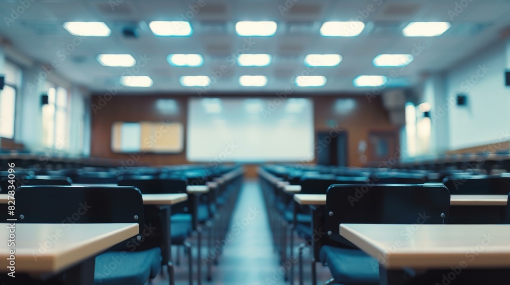 Empty lecture hall with rows of desks and chairs focusing on projector ...