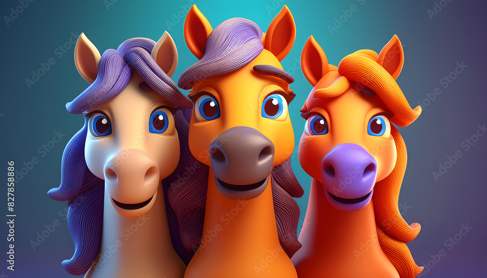 drei, Pferde, ponys, in, 3d, gruppe, team, neu, close up, vibrant, bunt ...