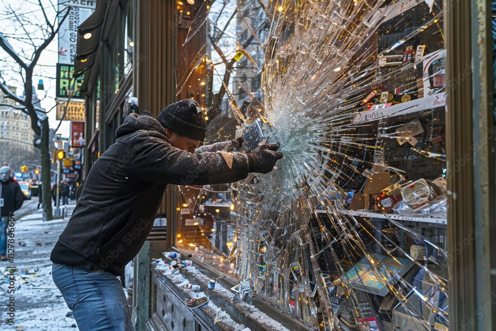 Side view photo of a male Caucasian thief smashing a storefront window ...
