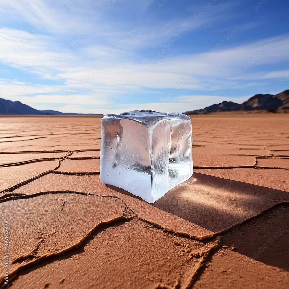 a hyper-realistic ice cube resting on the arid desert floor, portraying ...