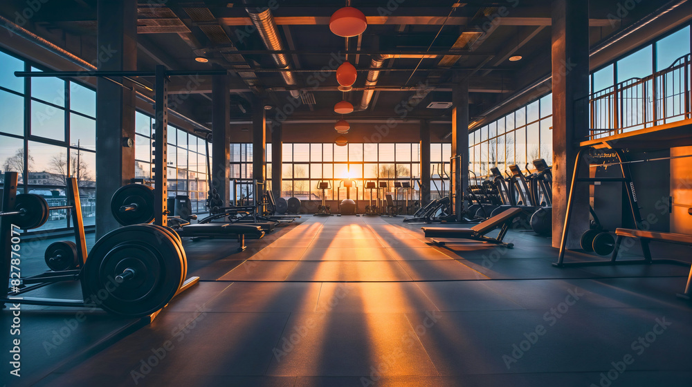 Gym interior with treadmill machines at the sunset. Fitness gymnasium ...