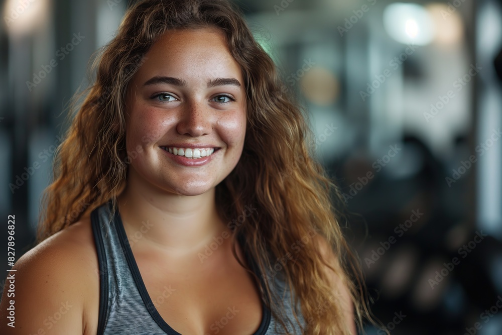 happy smiling overweight woman at gym portrait with copy space, weight ...