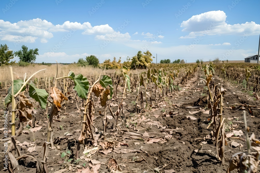 Dry cornfield with wilted plants. Natural disaster and drought concept ...
