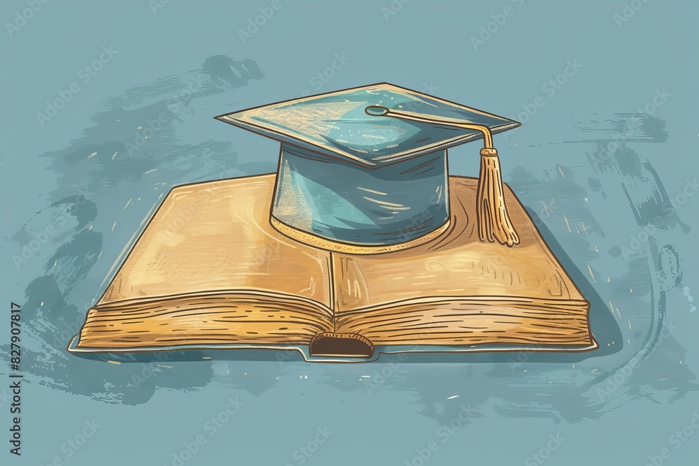 Pastelcolored cartoon drawing of a book with a graduation hat, front ...