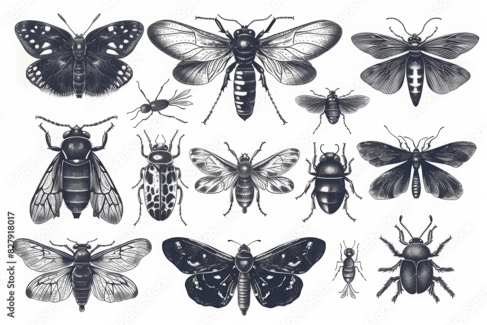 Illustration of various insects in black and white on a white ...