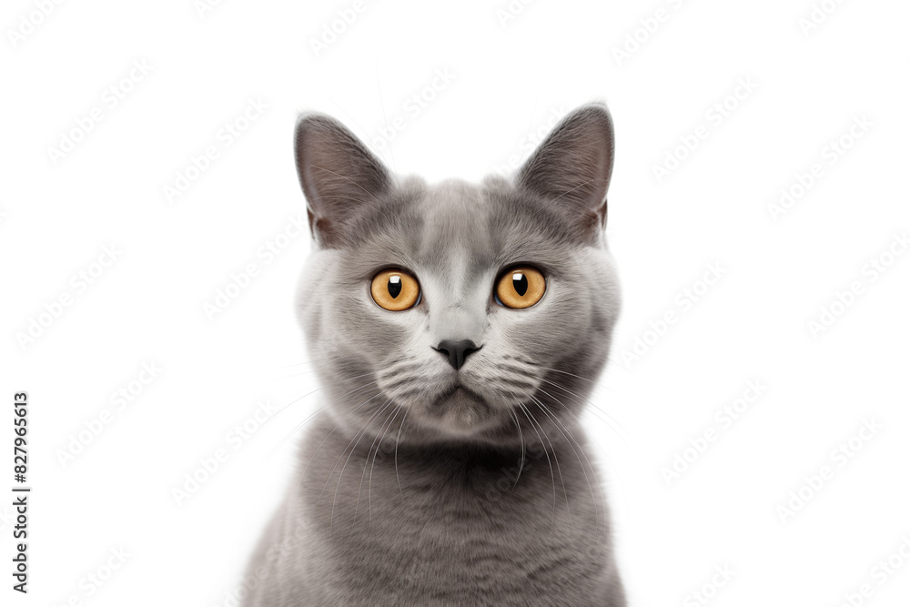 Cute chartreux kitty looking at camera. Head close-up portrait of ...