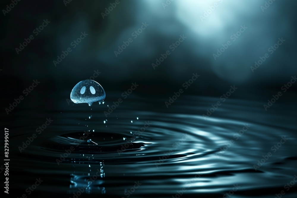 A single blue raindrop falling onto a reflective black surface ...
