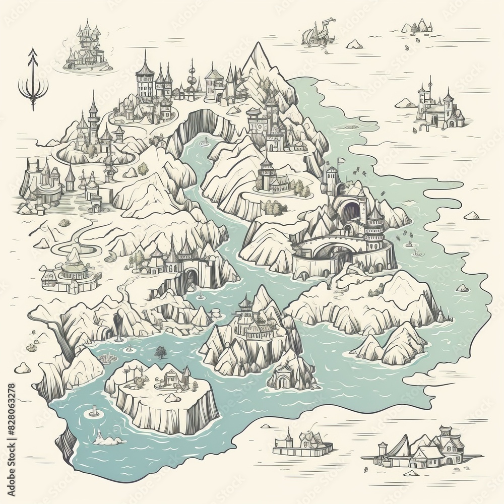 Detailed fantasy map illustration featuring medieval castles, mountains ...