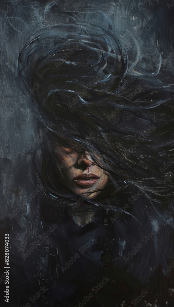 oil painting 35 year old girl woman, Hair blowing in her face, Dark ...