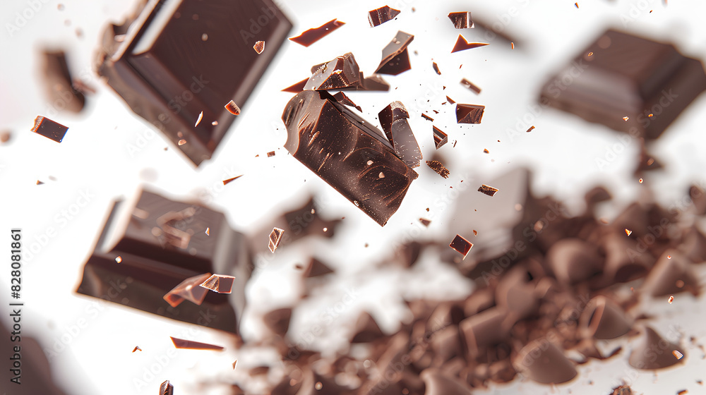 Various types of chocolate falling with choc flake in the air isolated ...