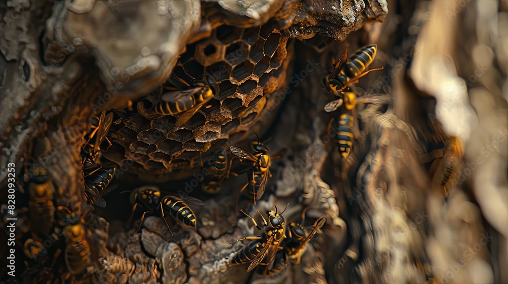 Detailed shot of wasps constructing a nest on a tree, with focus on the ...