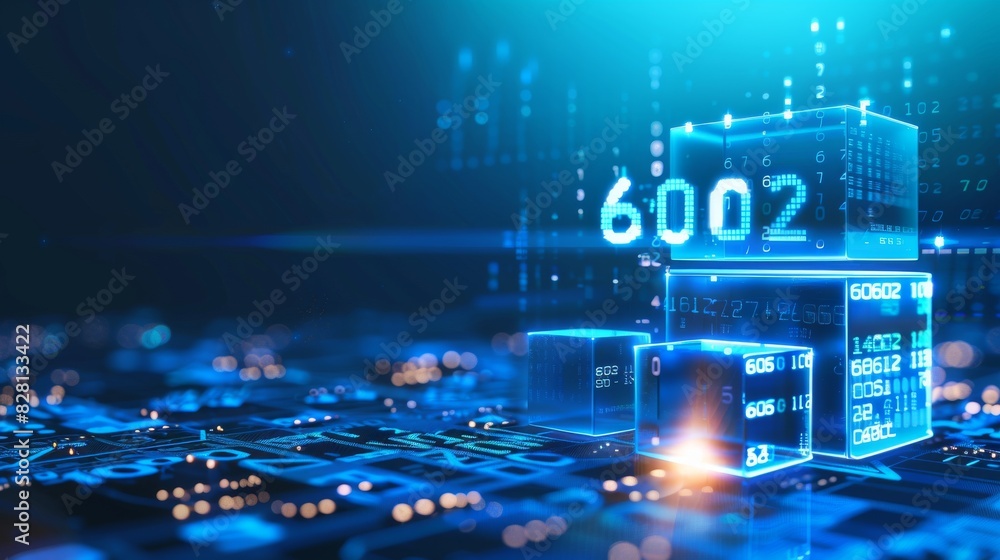 Blue background with digital data and binary code in the foreground ...