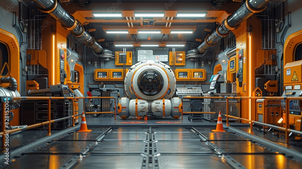 Safety barriers and hazard signs around the robot emphasize the high ...