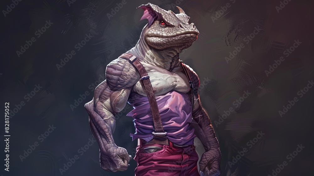 Anthropomorphic muscular dragon wearing red pants in a dark environment ...