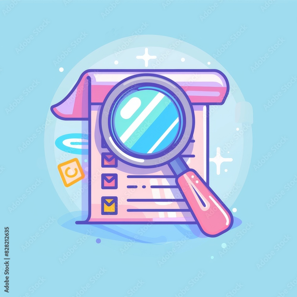 Cartoon illustration of a magnifying glass over a checklist document ...