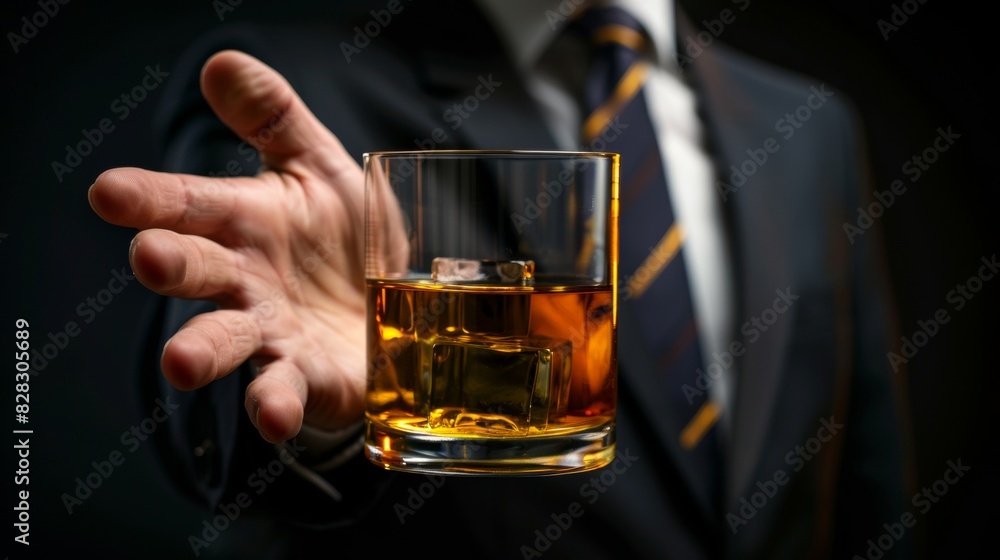 man refuses say no and avoid to drink an alcohol whiskey , stopping ...