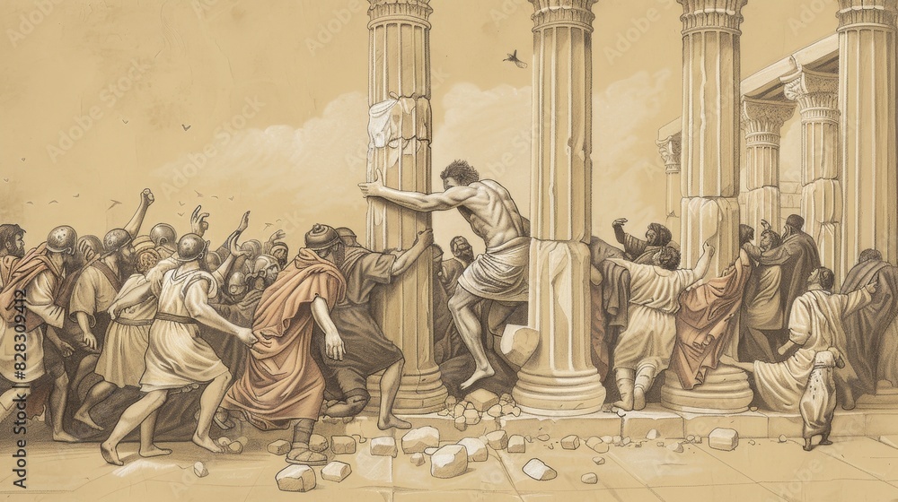 Biblical Illustration of Samson Destroying Temple, Pushing Pillars ...