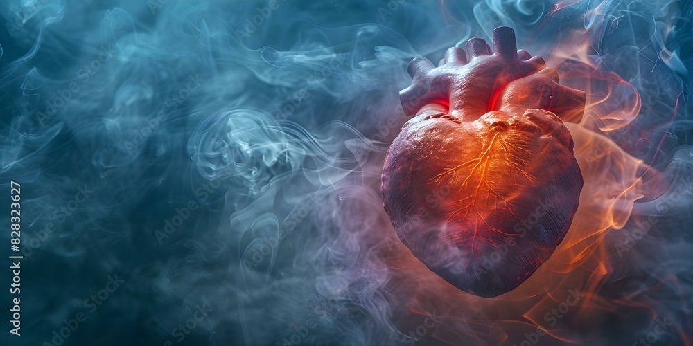 Anatomical view of human heart in cigarette vape smoke highlighting ...