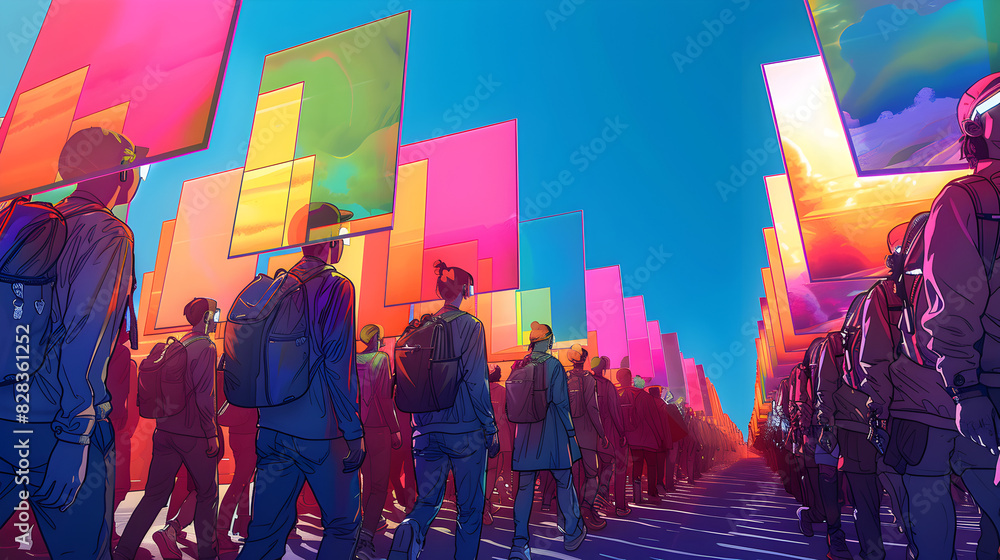 Non-binary individuals carrying holographic signs add a futuristic ...
