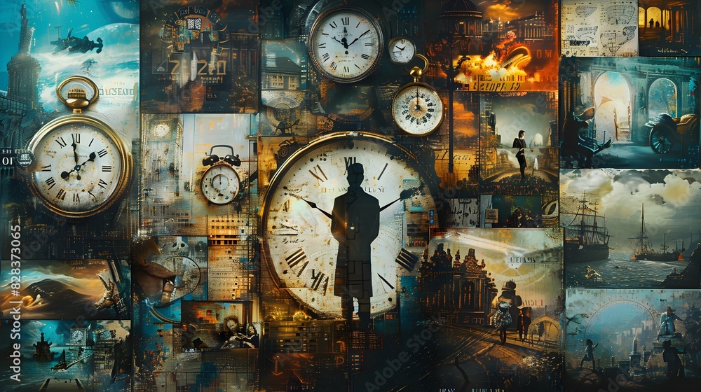 collage inspired by the concept of time, featuring images of clocks ...