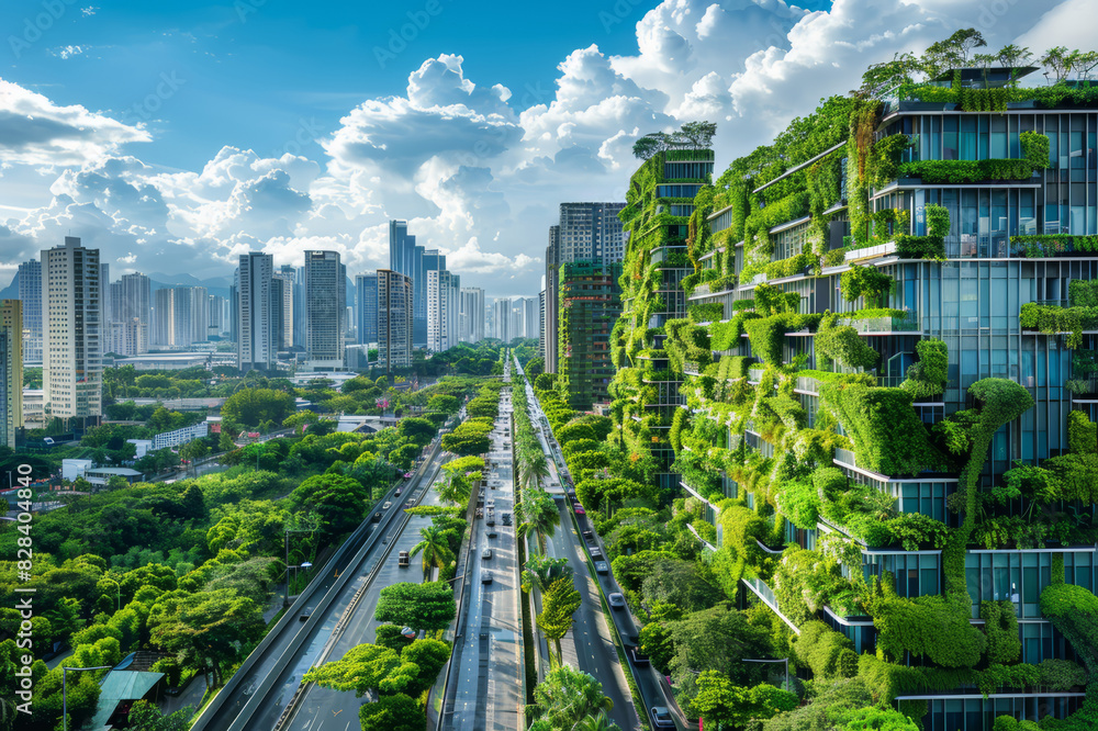 Modern city with eco-friendly architecture: green facades, rooftop ...