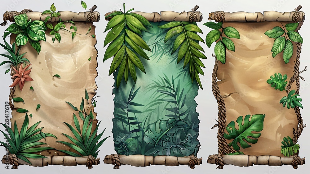 Bamboo frames with aged paper and rope embellishments in cartoon design ...